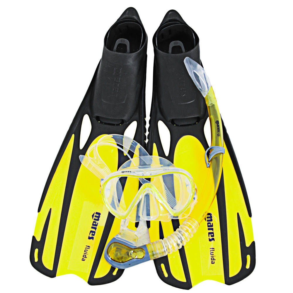Mares Cobia and Fluida Adult Dive Mask Snorkel and Fins Set Yellow M ...