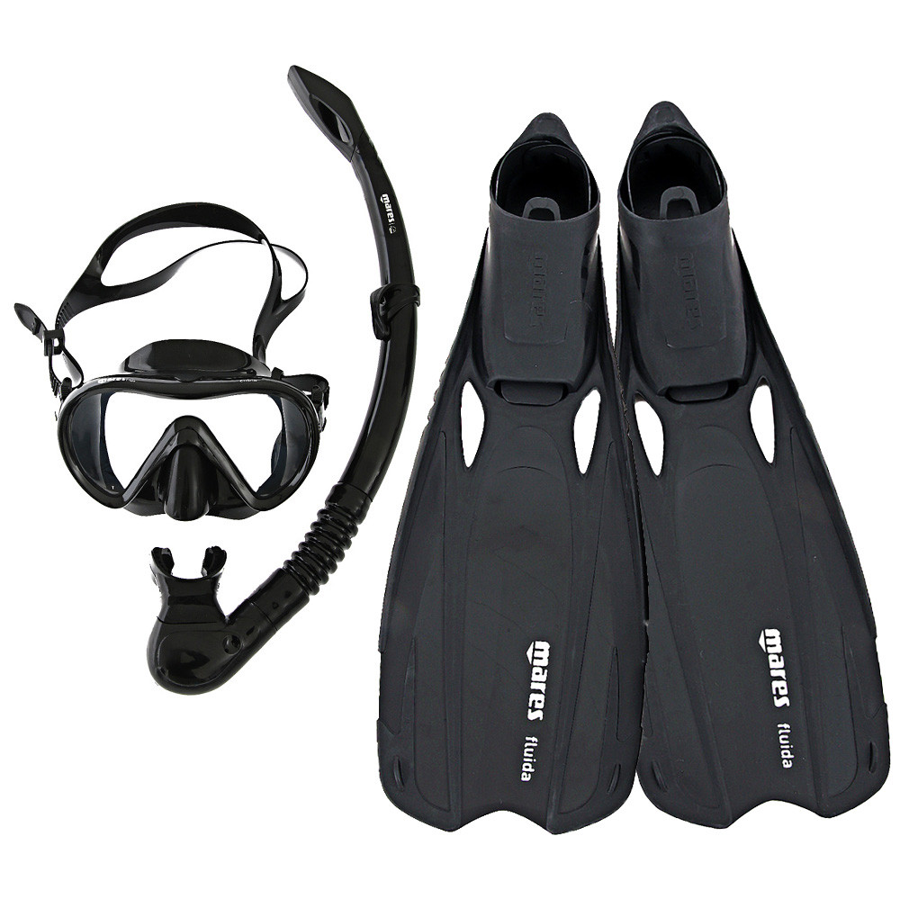 Mares Cobia and Fluida Adult Dive Mask Snorkel and Fins Set Black M ...