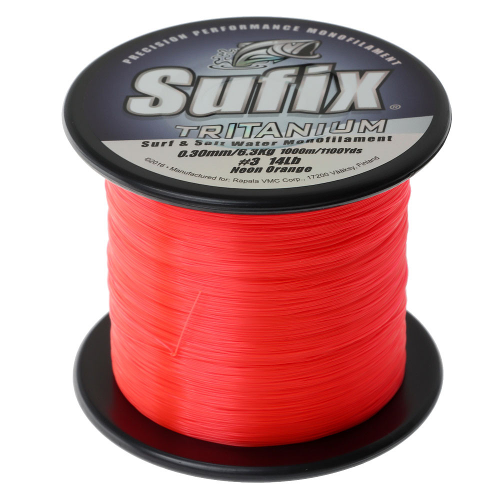 Buy Sufix Tritanium Surf Monofilament Neon Orange 1000m 0.30mm 6.3kg online at Marine-Deals.co.nz
