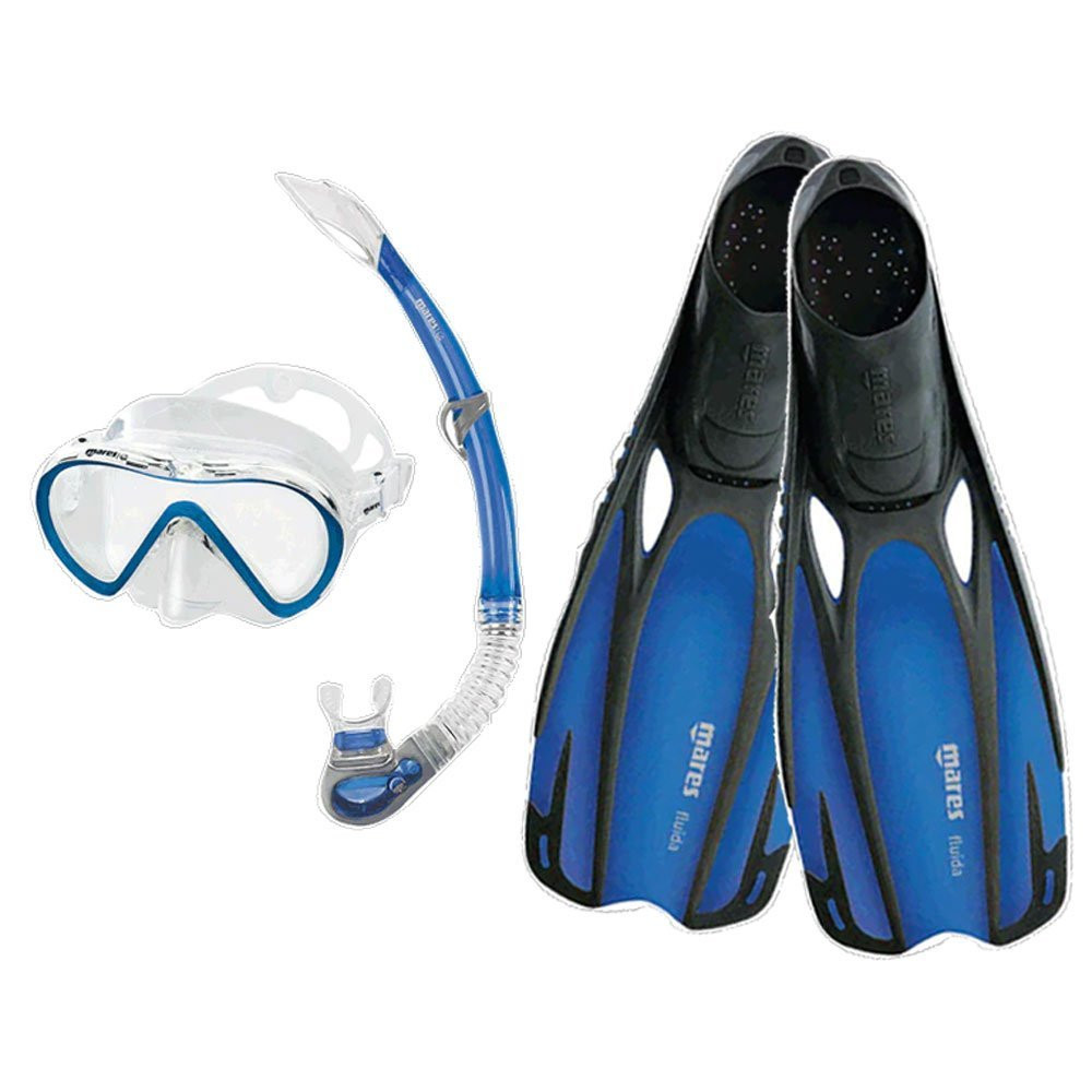 Mares Cobia and Fluida Adult Dive Mask Snorkel and Fins Set Blue M ...