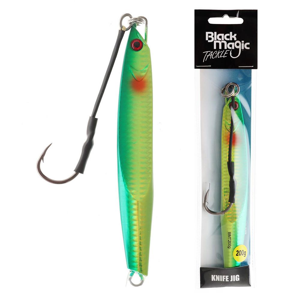 Buy Black Magic Flutter Slow Pitch Jig 200g UV Green/Gold online at Marine-Deals.co.nz