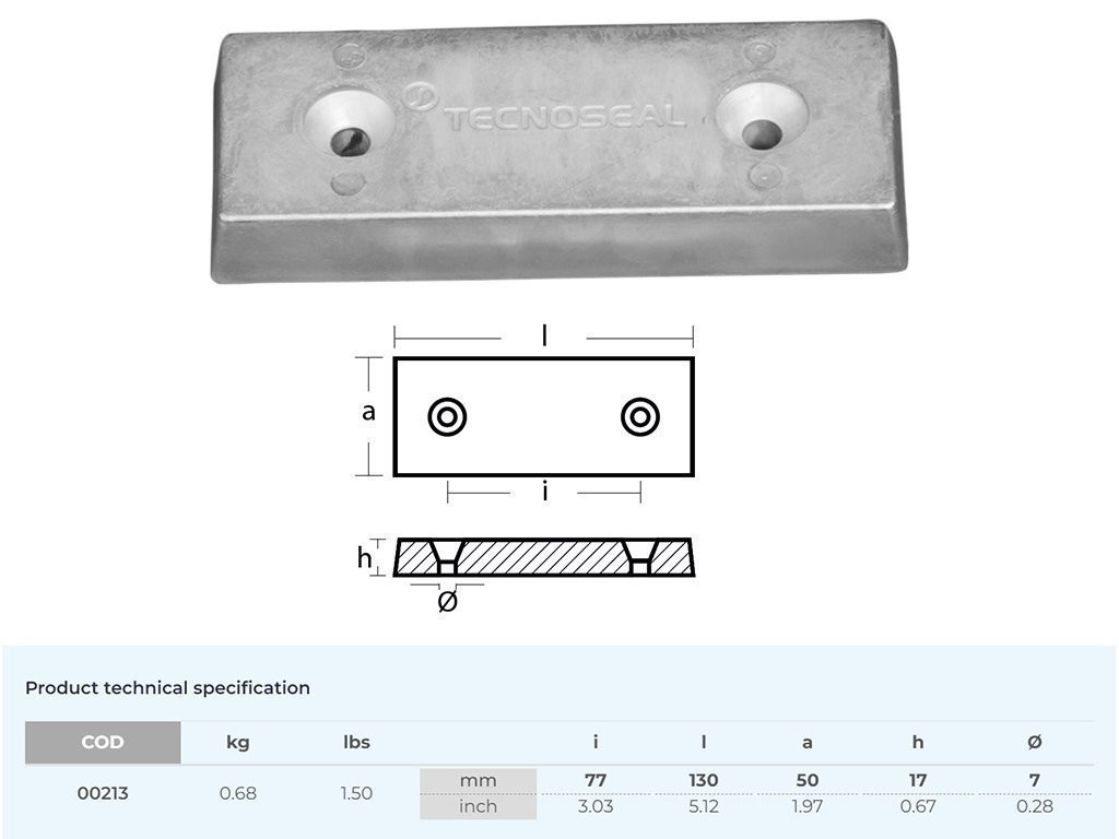 Tecnoseal Zinc Anode Plate Flaps HC77 130x50x17mm - Anodes - Boating