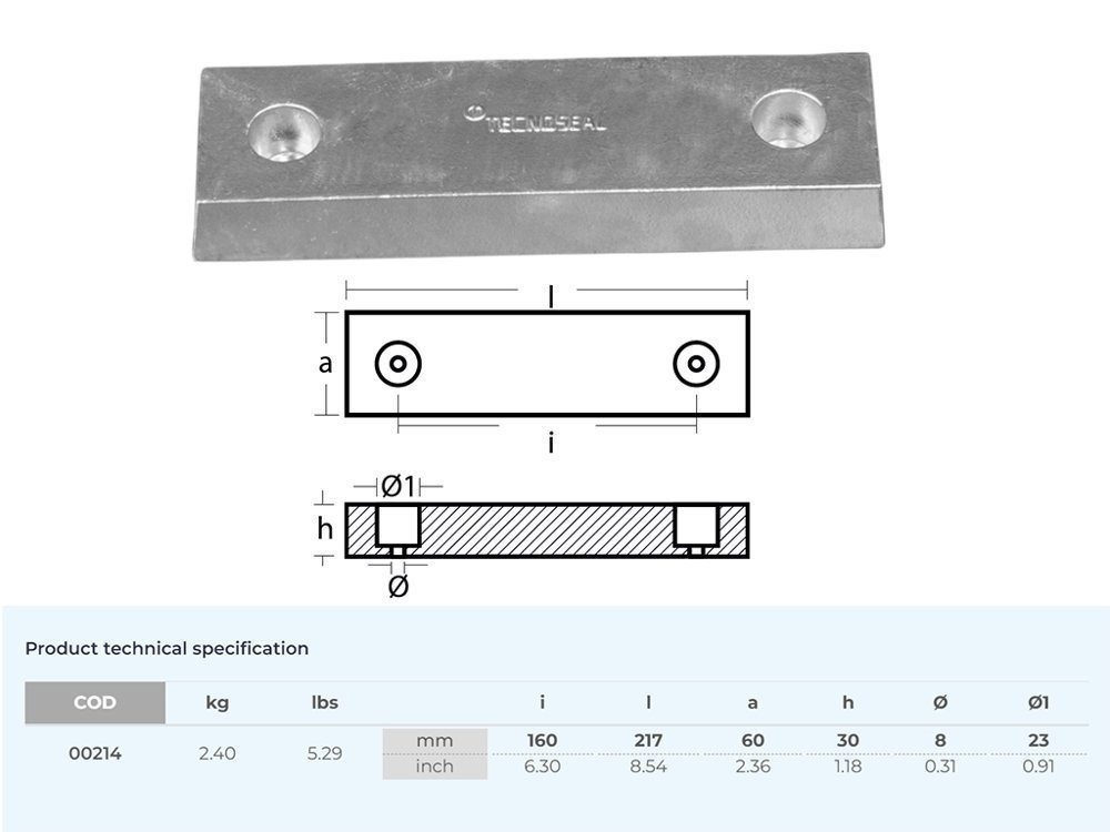 Tecnoseal Zinc Anode Plate Flaps HC16 200x60x30mm - Anodes - Boating