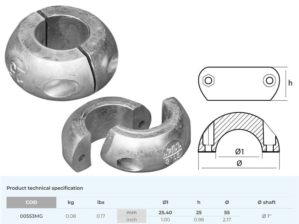 Tecnoseal Zinc Anode Shaft Collar Naca Profile 25.4mm Diameter - Anodes ...